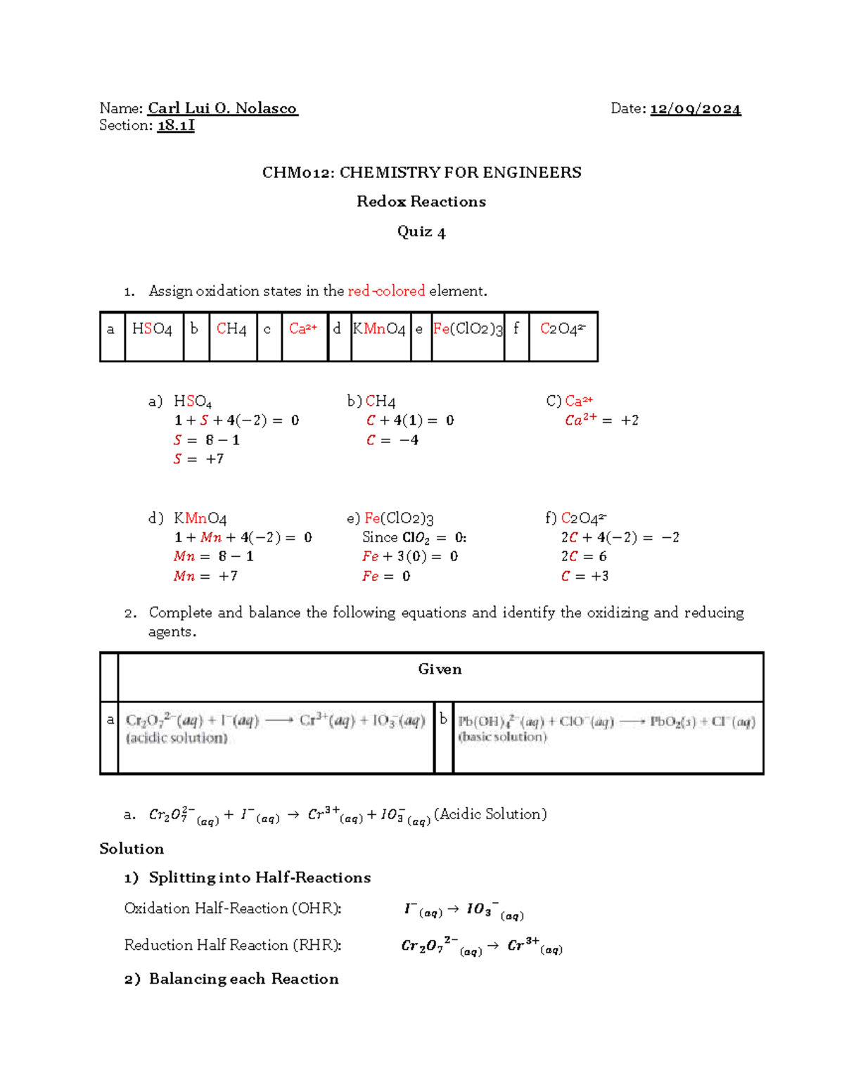 CHM012: Redox Reactions Quiz 4 - Nolasco's Chemistry Notes - Studocu