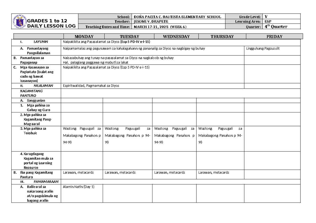 Grade 5 DLL ESP 5 Q4 Week 6 - GRADES 1 to 12 DAILY LESSON LOG School ...