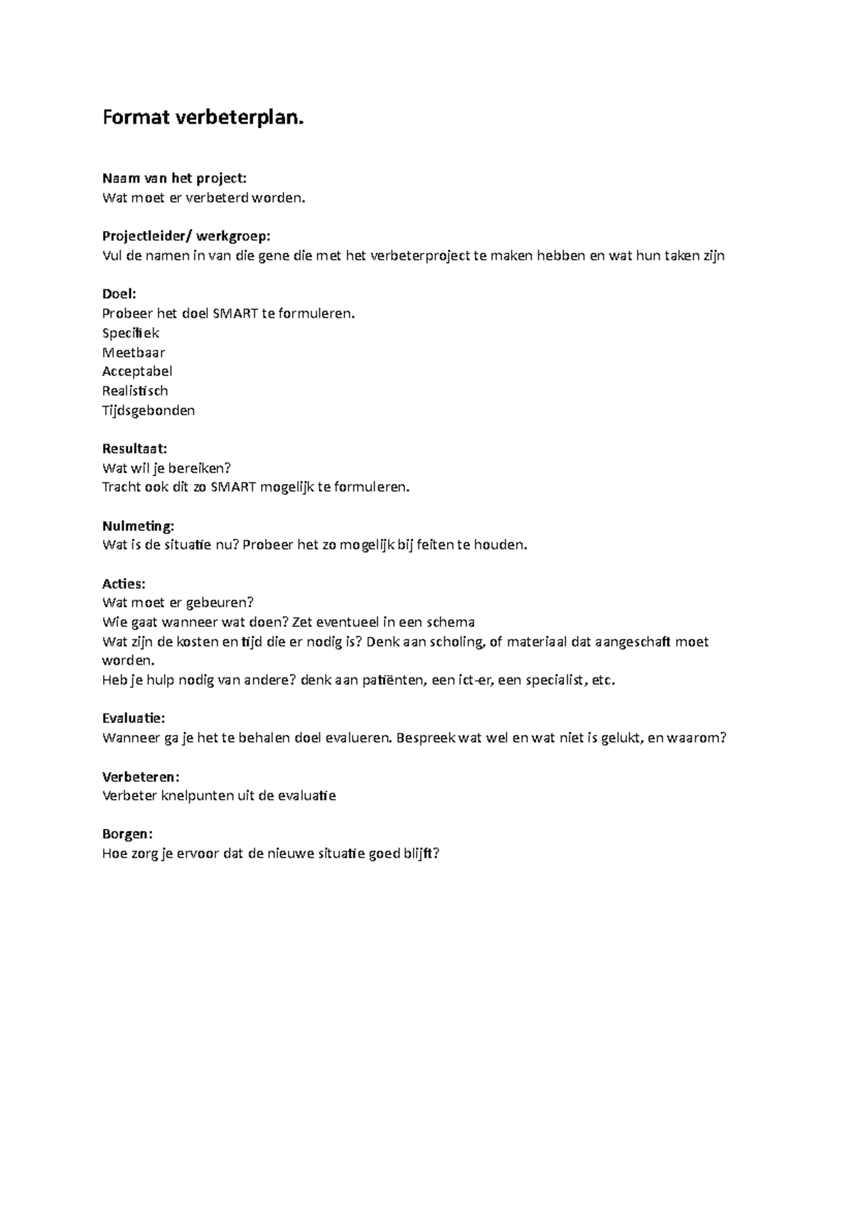Verbeterplan Format voor Project: SMART Doelen en Acties - Studeersnel