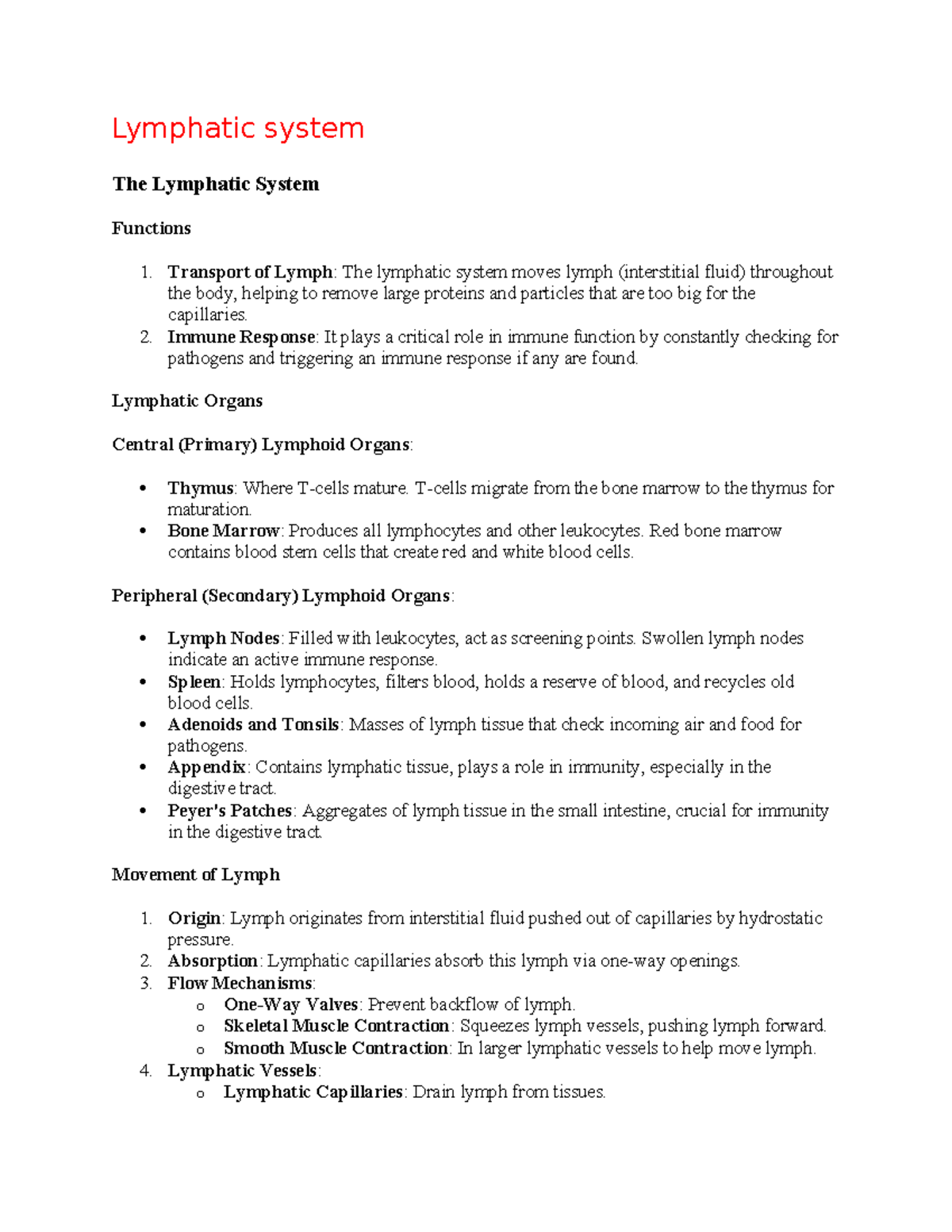 Lymphatic System Notes: Functions, Organs, and Lymph Movement - Studocu