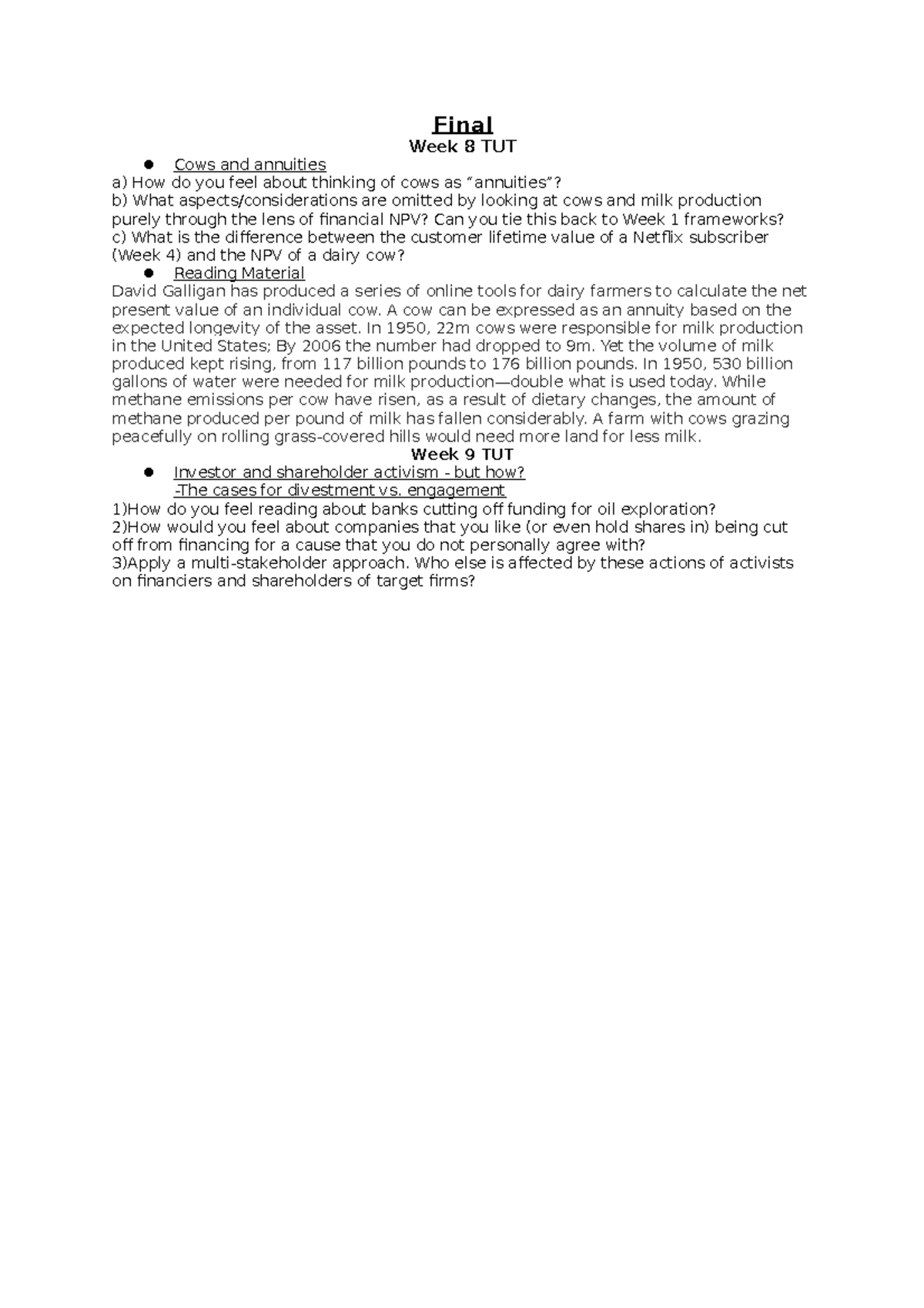 Final Part 1 preparement - Final Week 8 TUT Cows and annuities a) How ...