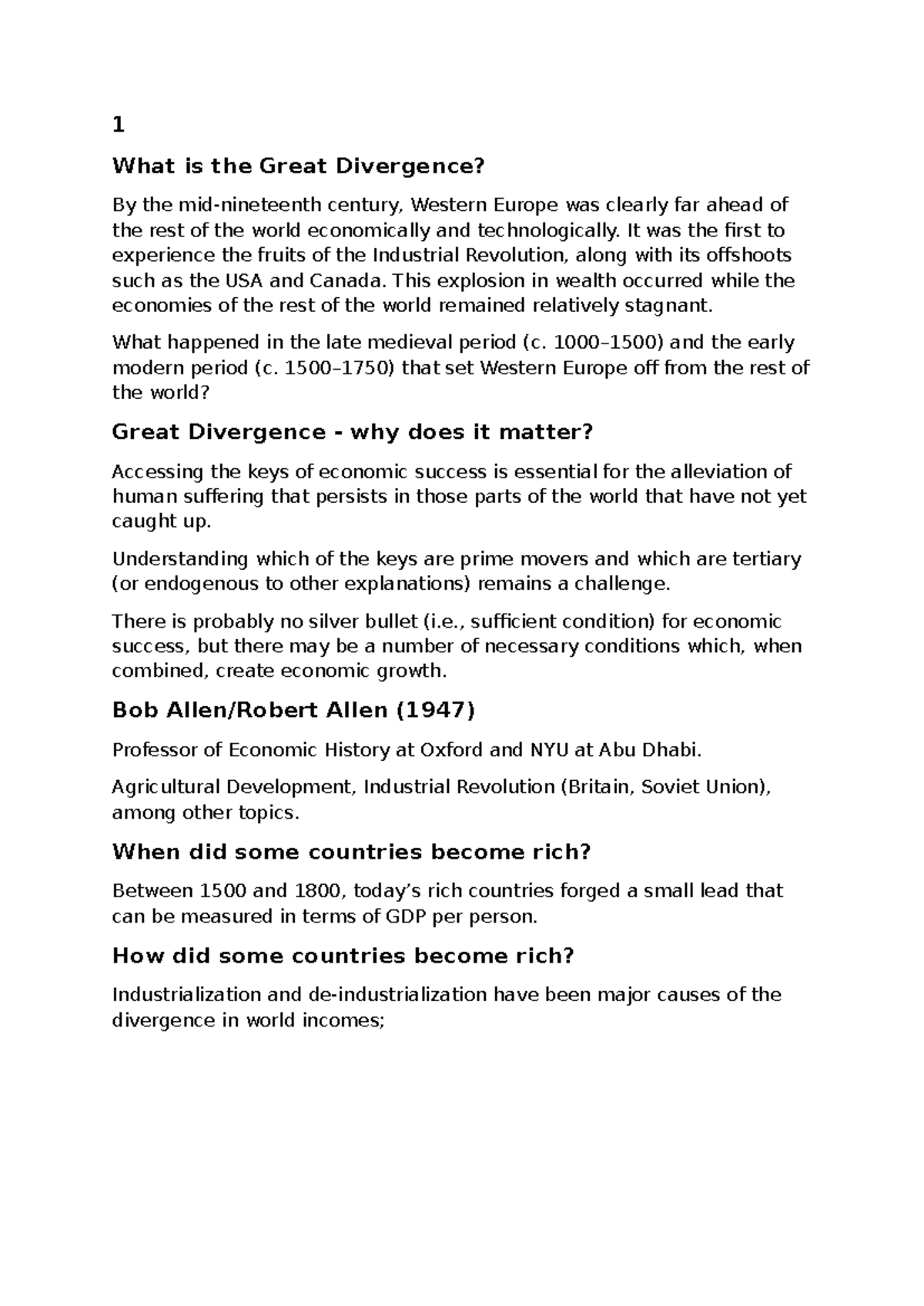 Economic History: The Great Divergence and Its Impacts - Studocu