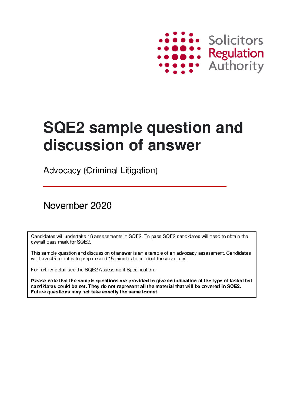 SQE2 Advocacy Sample Question & Analysis - November 2020 - Studocu