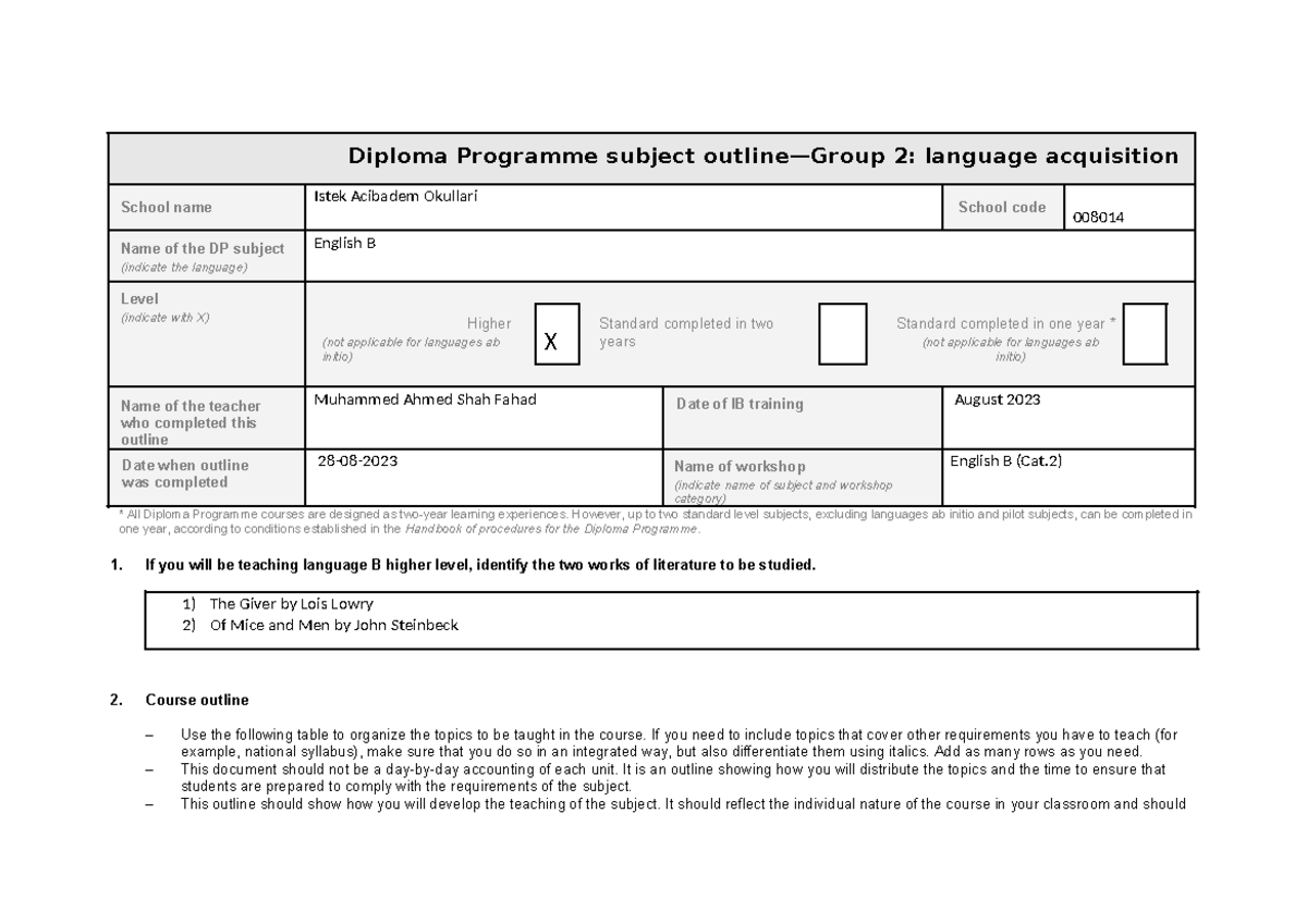 English B Higher Level Course Outline for Diploma Programme (Group 2 ...