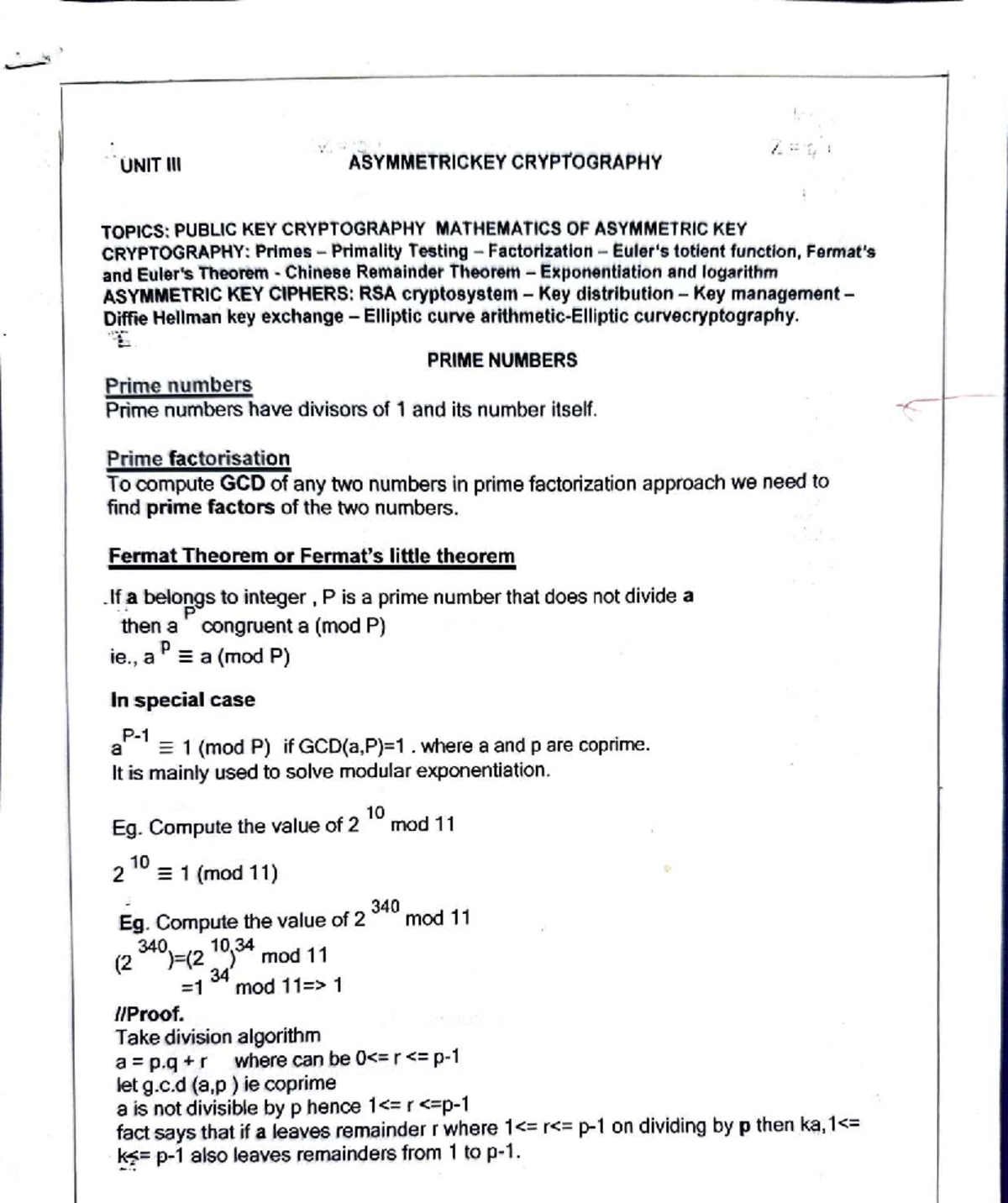 CNS-3rd UNIT: Lecture Notes on Asymmetric Key Cryptography - Studocu