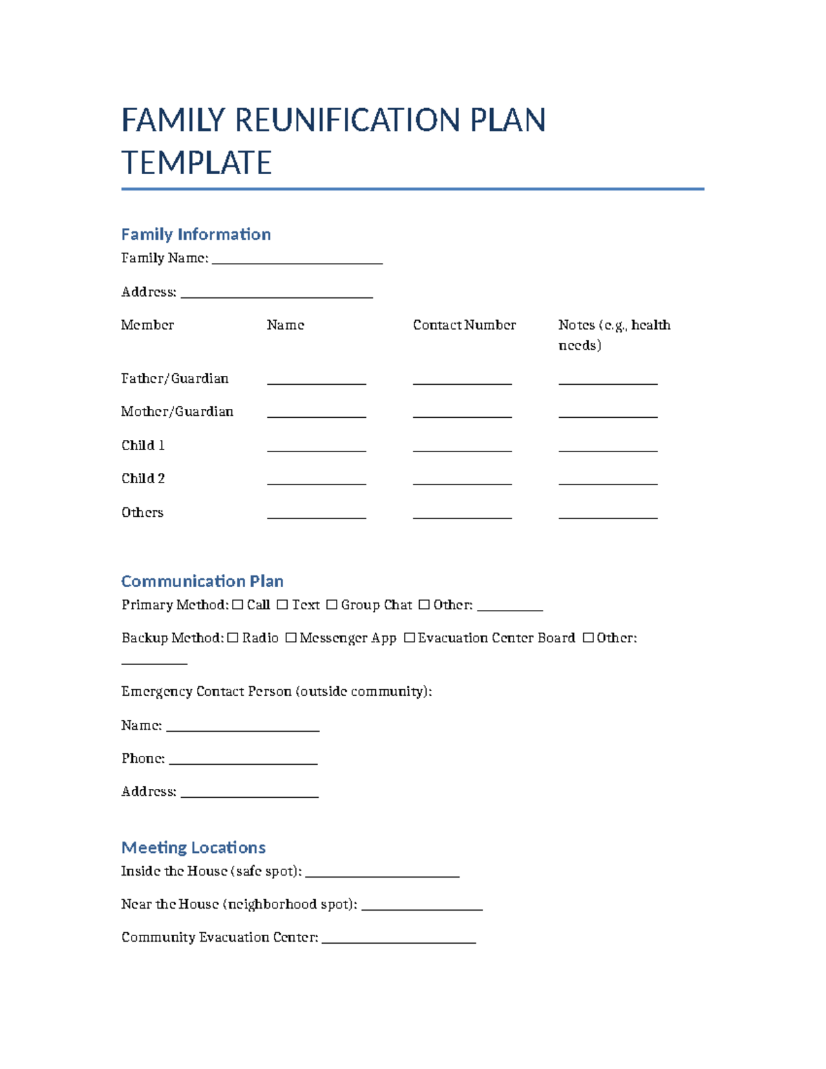 FAMILY REUNIFICATION PLAN TEMPLATE: Emergency Preparedness Guide - Studocu