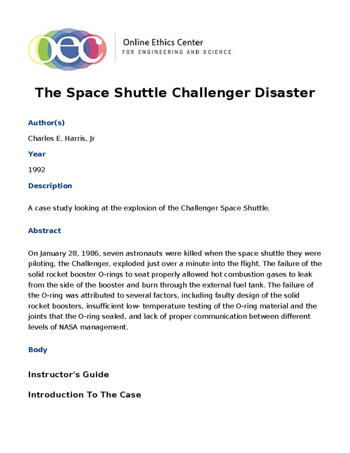 Case Study: The Space Shuttle Challenger Disaster (ENGR 101) - Studocu