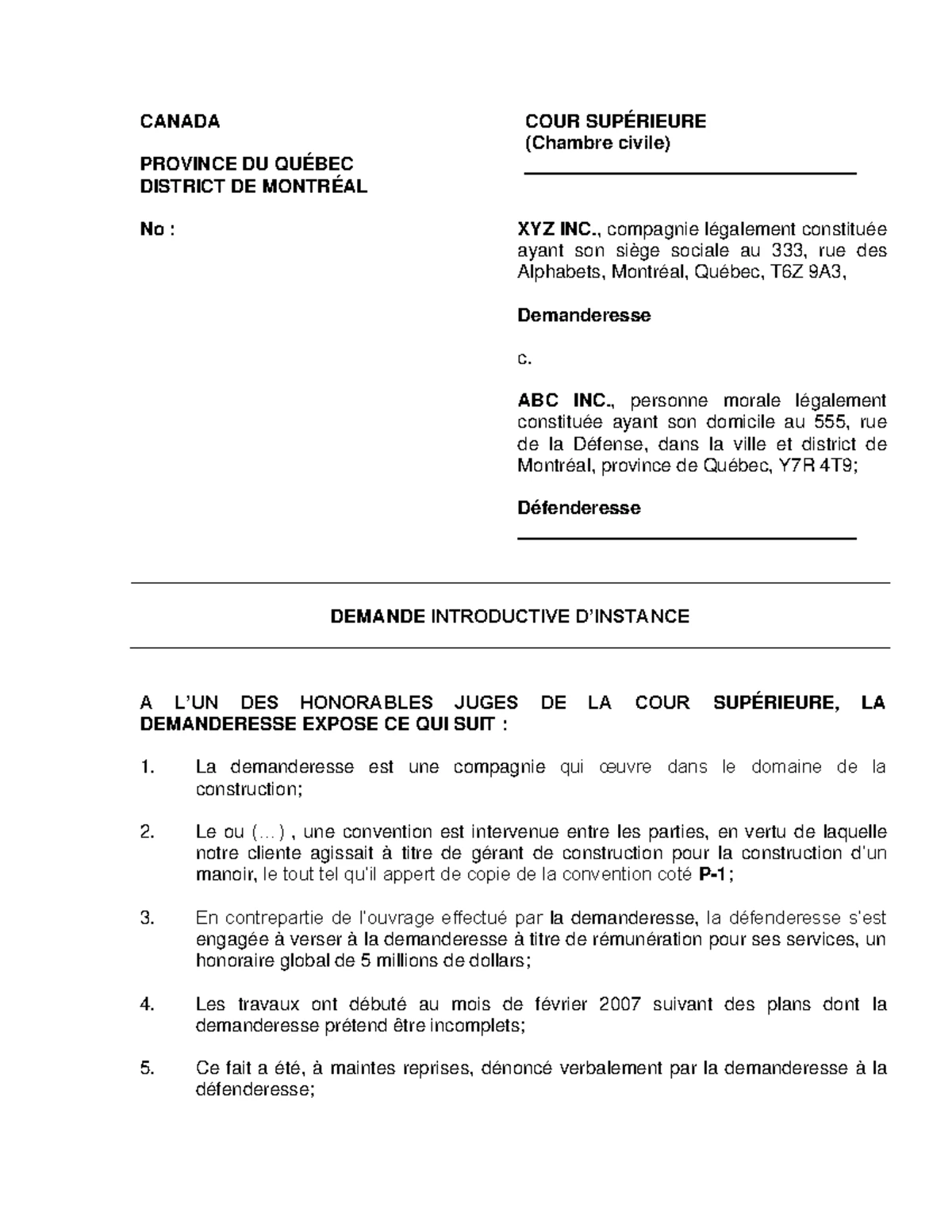 modèle de demande introductive d'instance - CANADA COUR SUPÉRIEURE ...