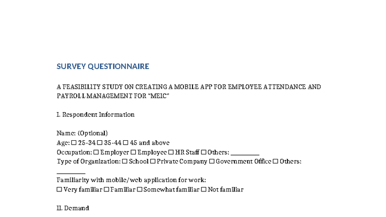 Feasibility Study Survey Questionnaire for Mobile App (HRM 101) - Studocu