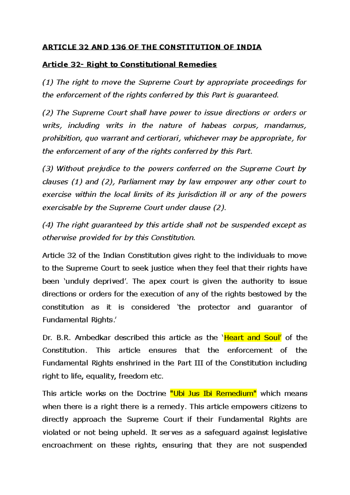 Analysis of Articles 32 & 136 of the Constitution of India - Studocu