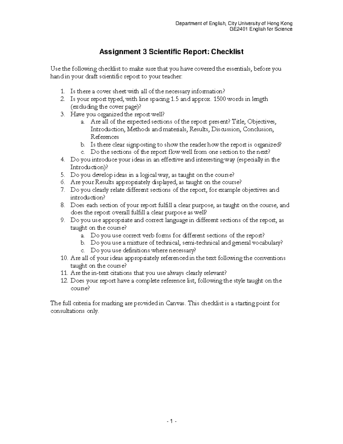 GE2401 English for Science: Assignment 3 Scientific Report Checklist ...