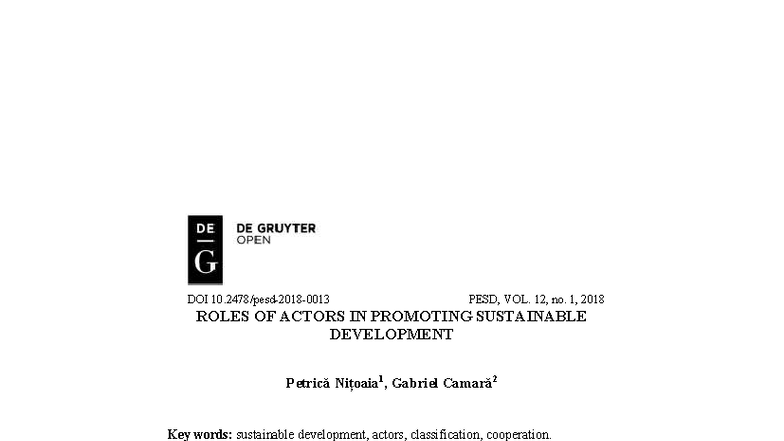 Roles of Actors in Promoting Sustainable Development (DOI PESD, VOL. 12, no. 1, - Studocu