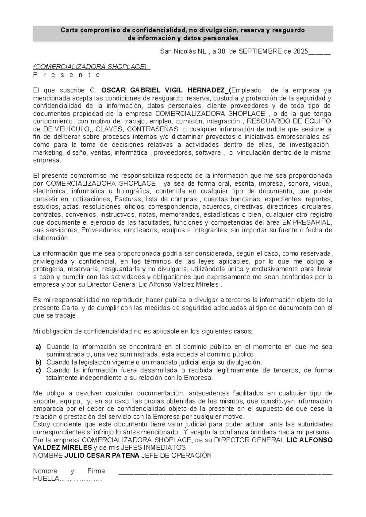 Acuerdo de Confidencialidad y No Divulgación - COMERCIALIZADORA ...