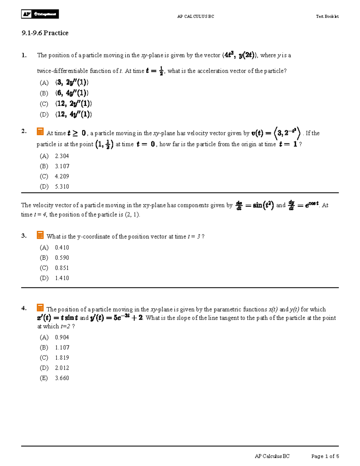 AP CALCULUS BC Test Booklet Practice 1: Particle Motion Analysis - Studocu