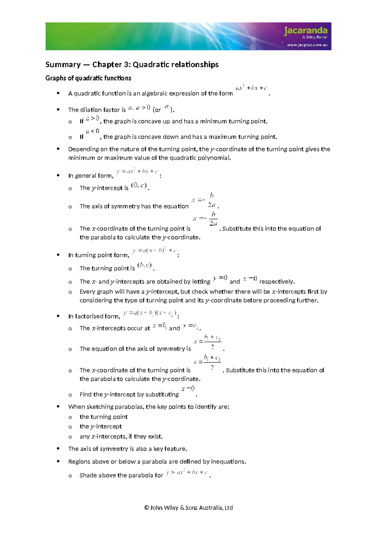 Summary of Chapter 3: Quadratic Relationships and Functions (MATH 301 ...
