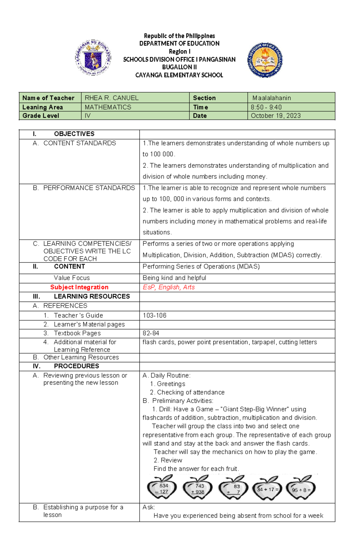 CO1 - Lesson Plan for Mathematics IV: Whole Numbers & Operations - Studocu