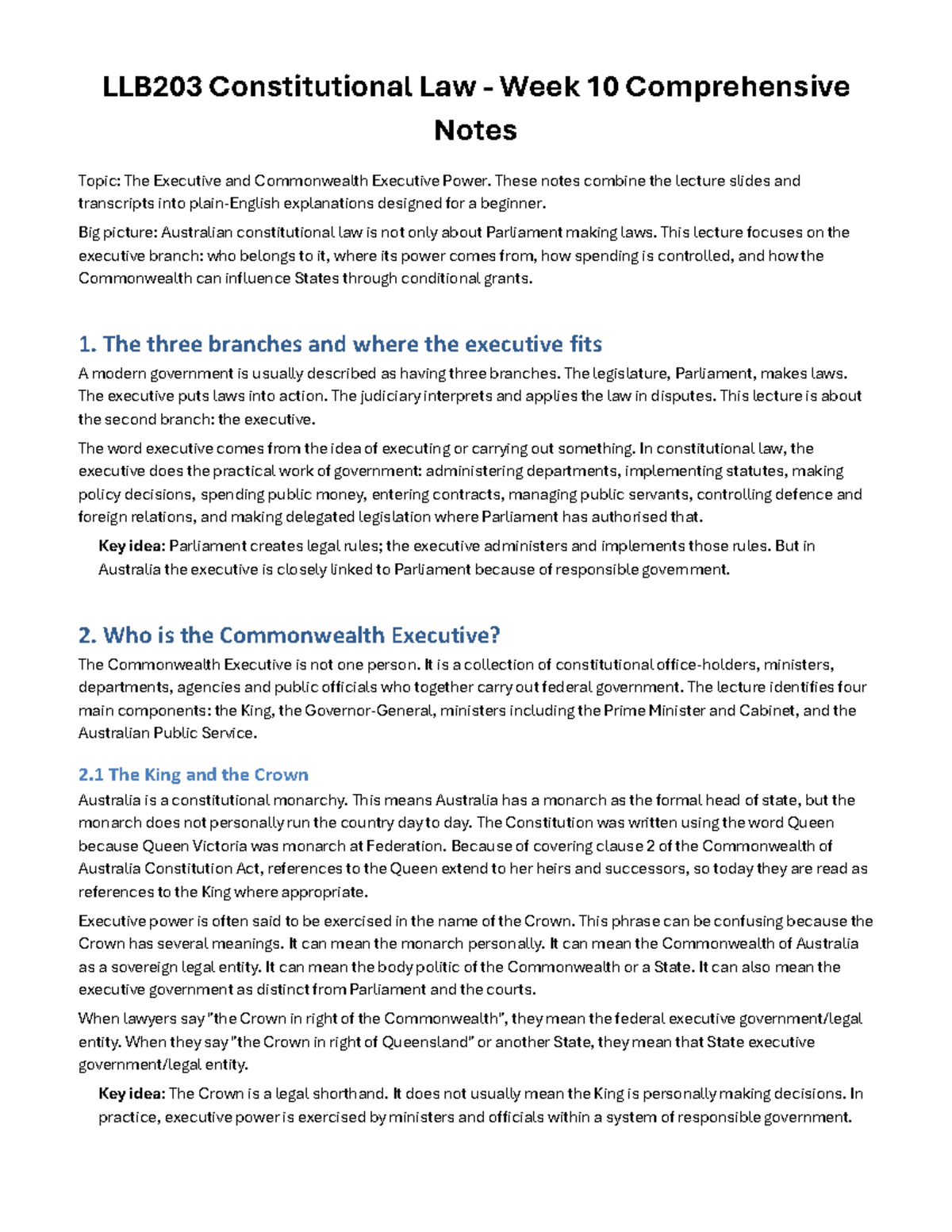 LLB203 Constitutional Law Week 10 Lecture Notes: The Executive Power ...