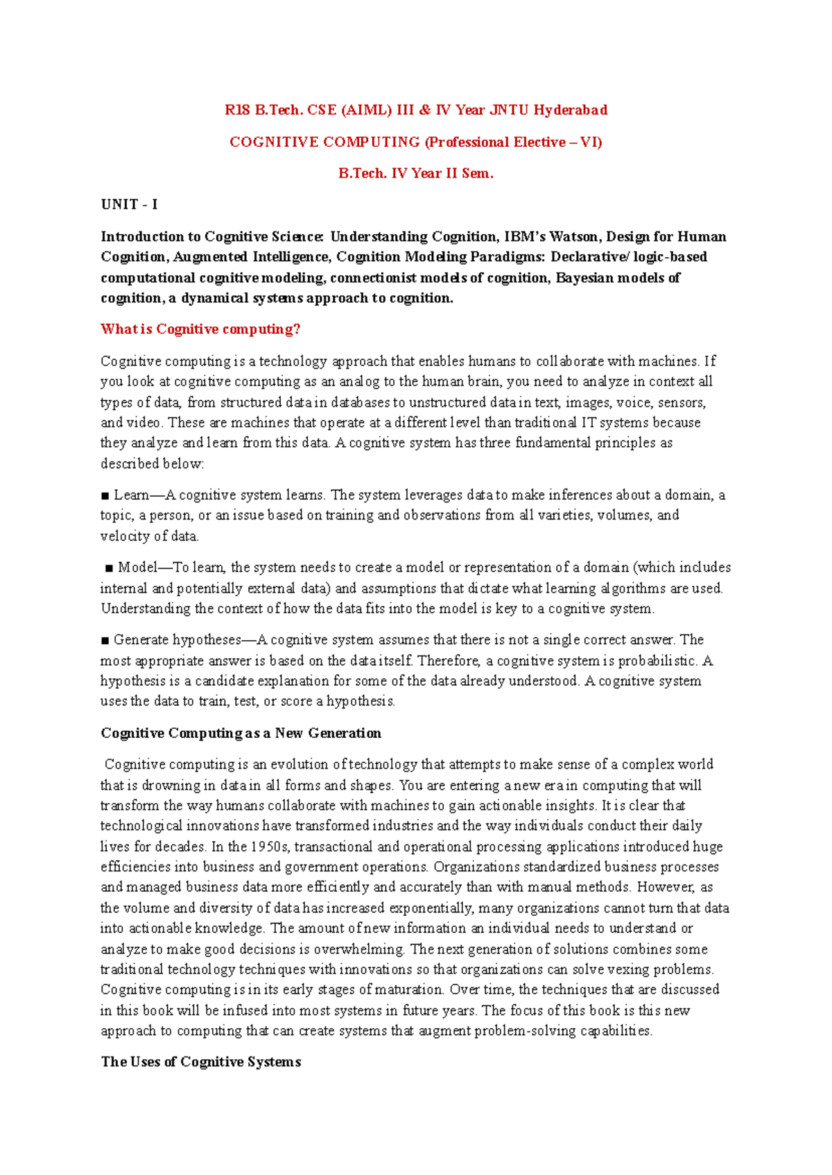 Cognitive Computing: Unit I Overview for R18 B.Tech. CSE (AIML) IV Year - Studocu