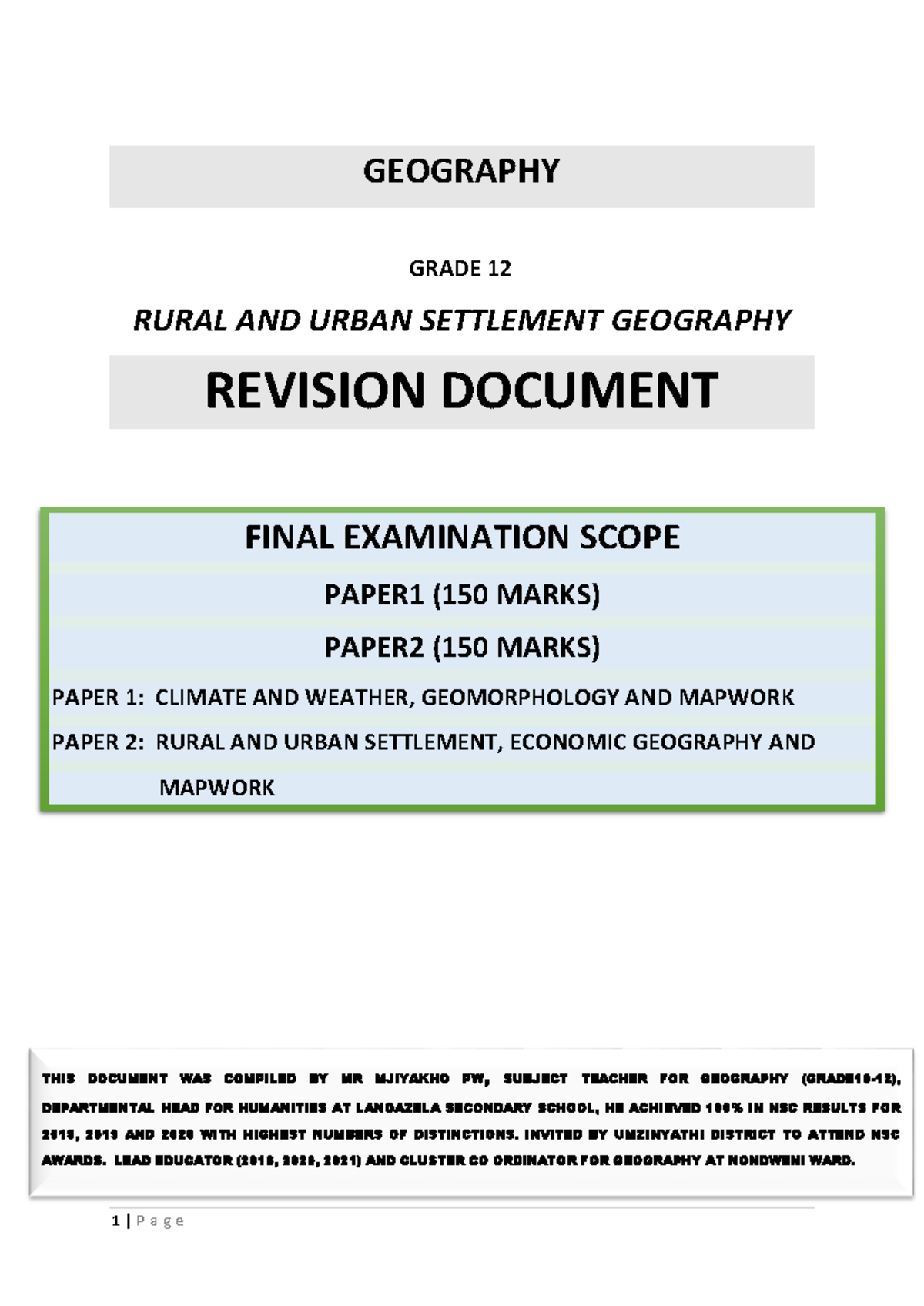 Grade 12 Geography: Rural & Urban Settlements Final Exam Revision - Studocu