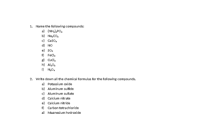 Chemical Compounds and Formulas Practice: CHM101 Exercises - Studocu