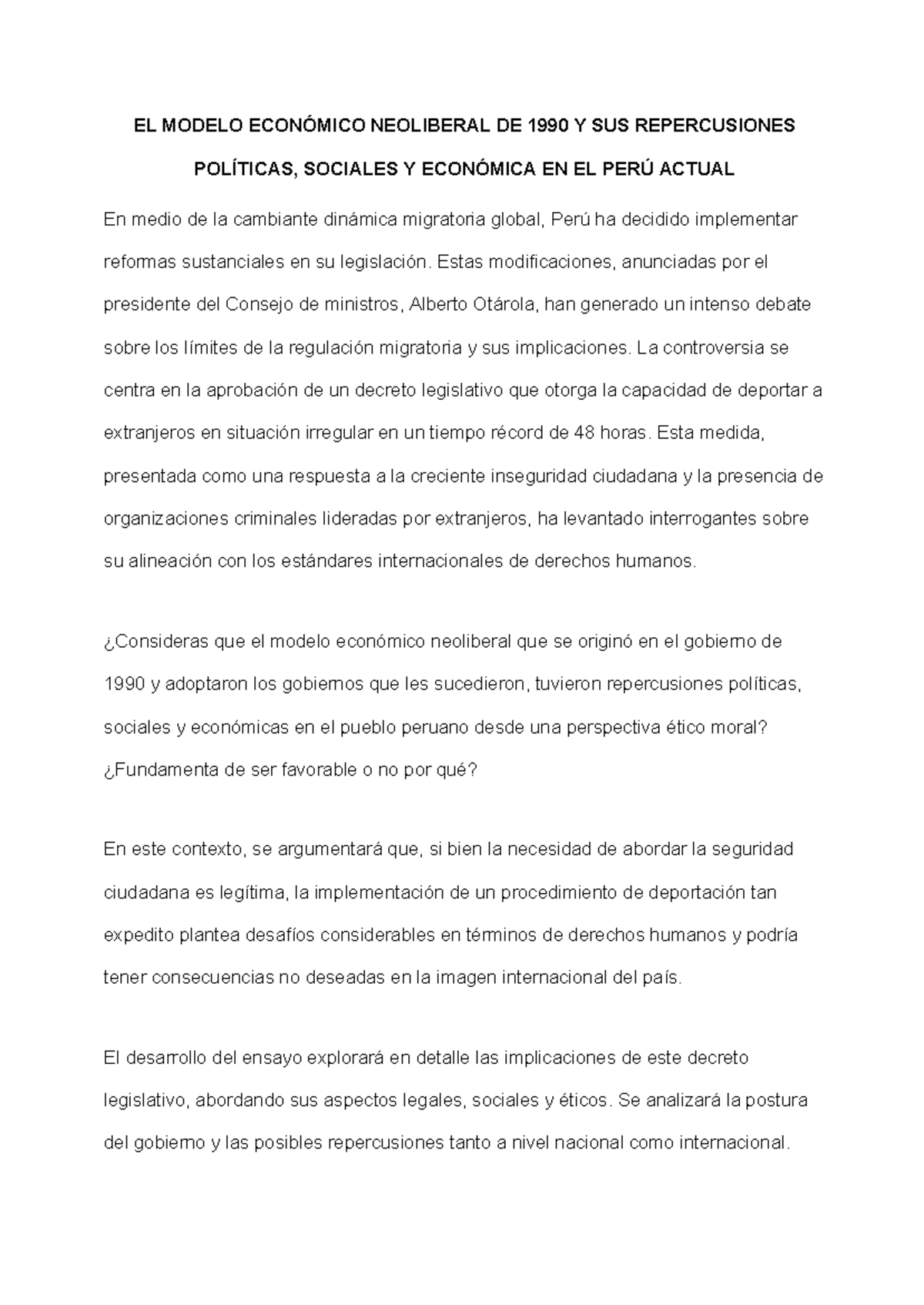 EL MODELO NEOLIBERAL DE 1990 Y SUS IMPACTOS EN PERÚ ACTUAL - Studocu