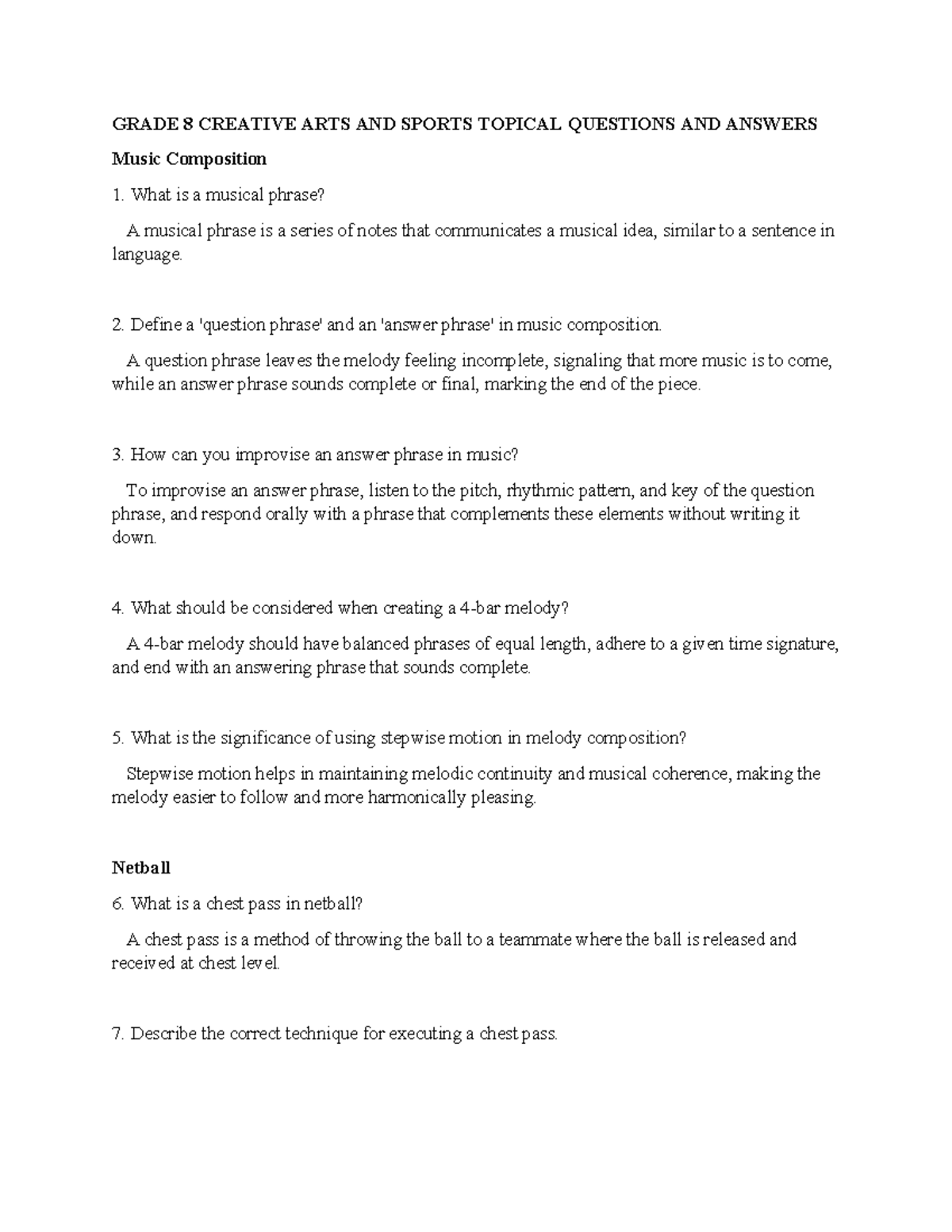 GRADE 8 CREATIVE ARTS & SPORTS: TOPICAL Q&A on Music & Netball - Studocu