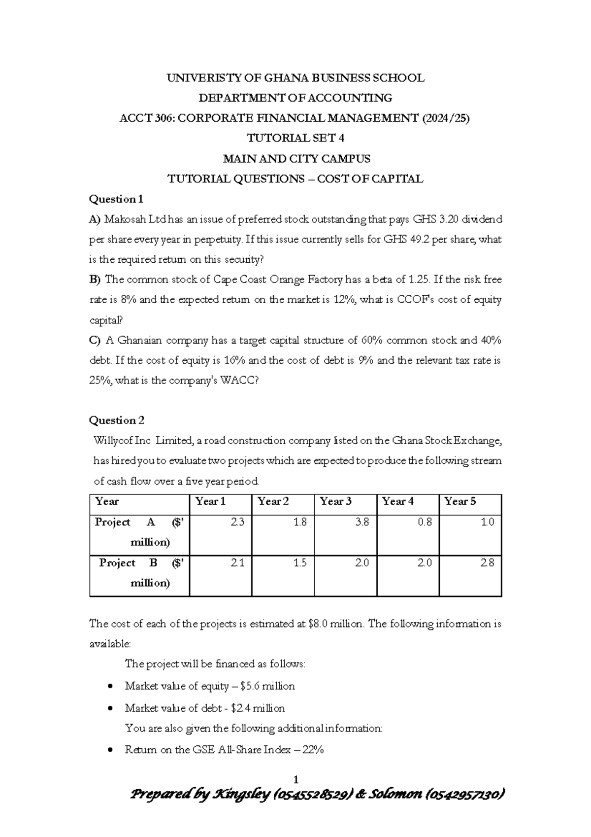 ACCT 306: Tutorial Set 4 - Cost of Capital Analysis - Studocu