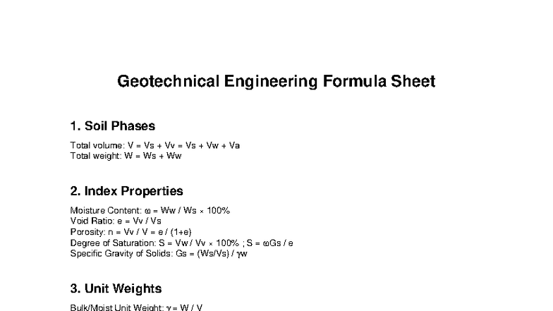 Geotechnical Engineering Formula Sheet - Lecture Notes (GE 101) - Studocu