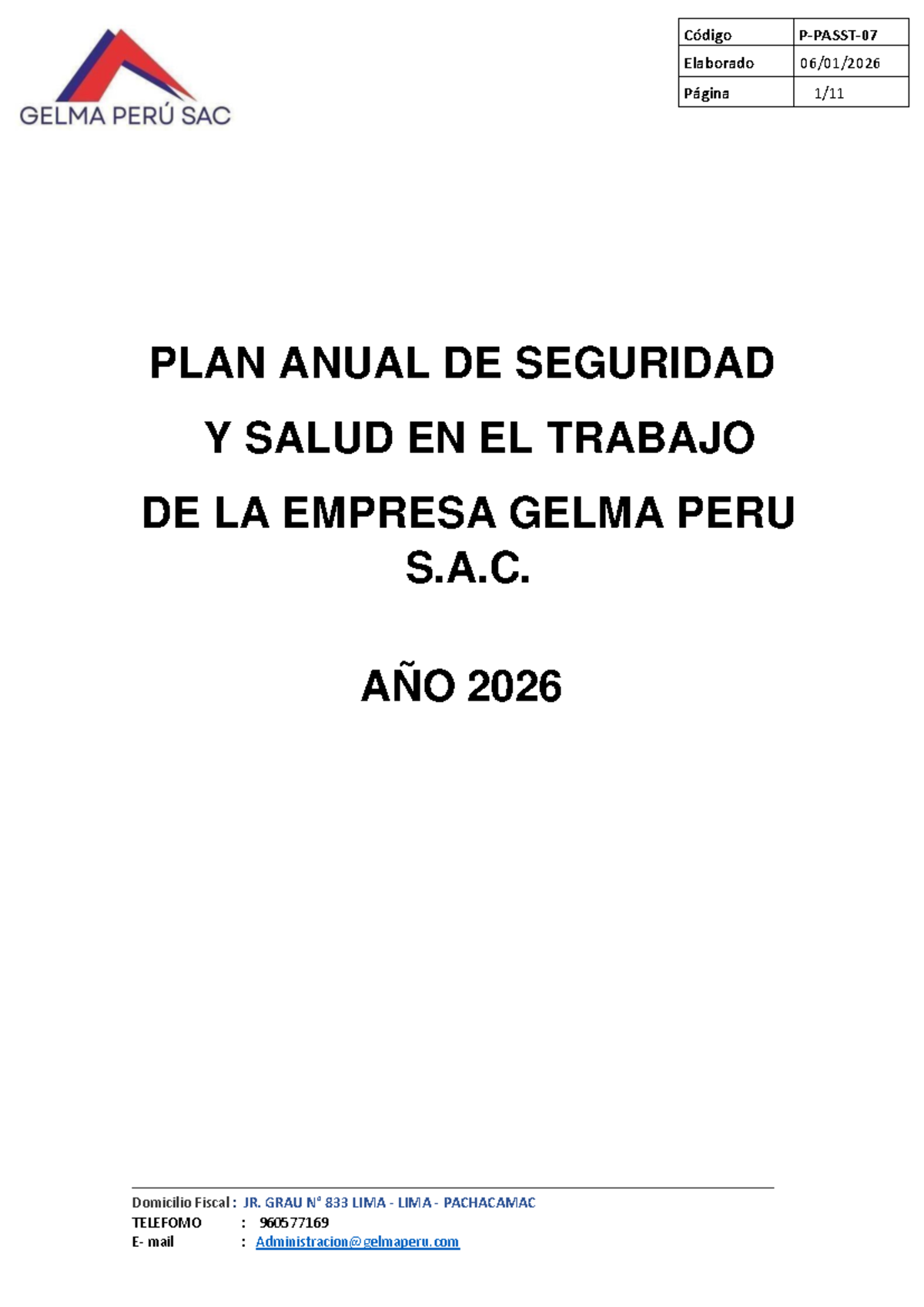 PLAN ANUAL DE SEGURIDAD Y SALUD EN EL TRABAJO 2026 - GELMA PERÚ S.A.C ...