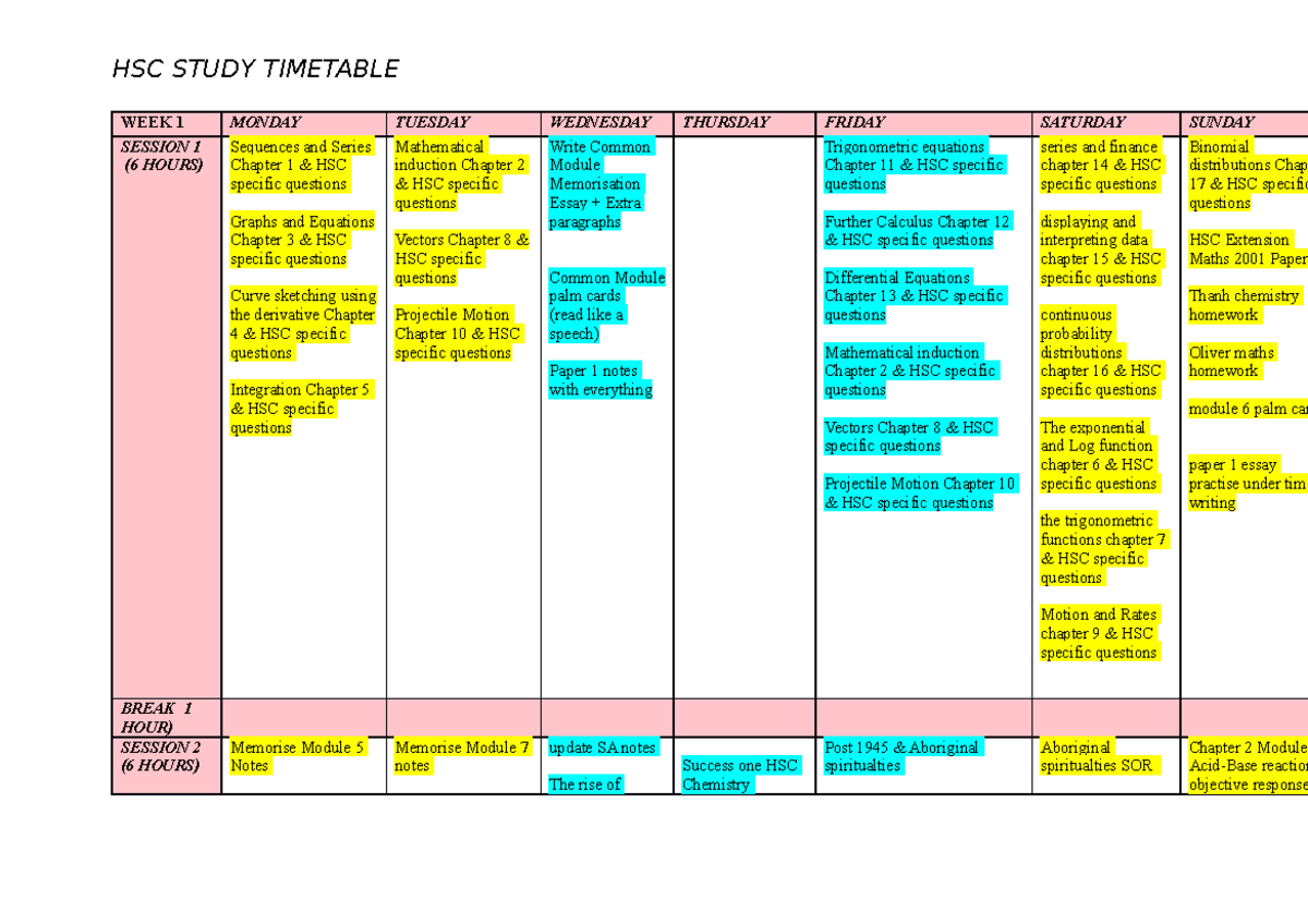 HSC Comprehensive Study Timetable and Revision Plan - Studocu
