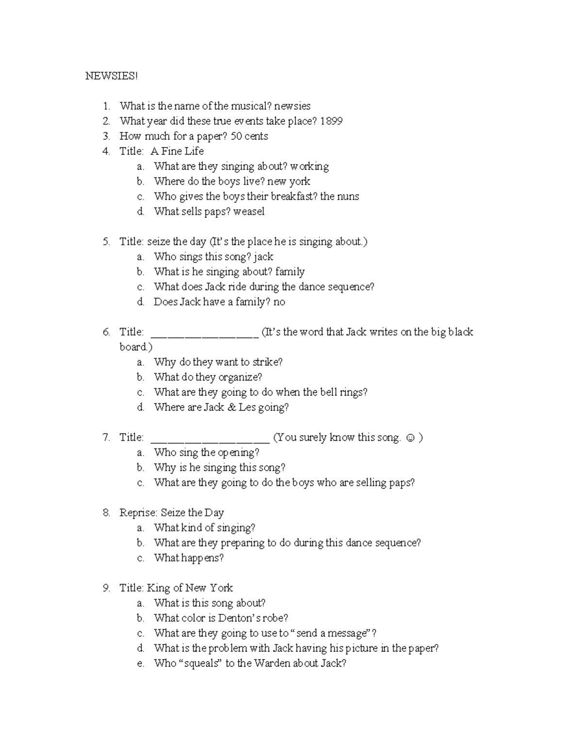 Newsies Musical Worksheet: Key Questions & Insights - Studocu