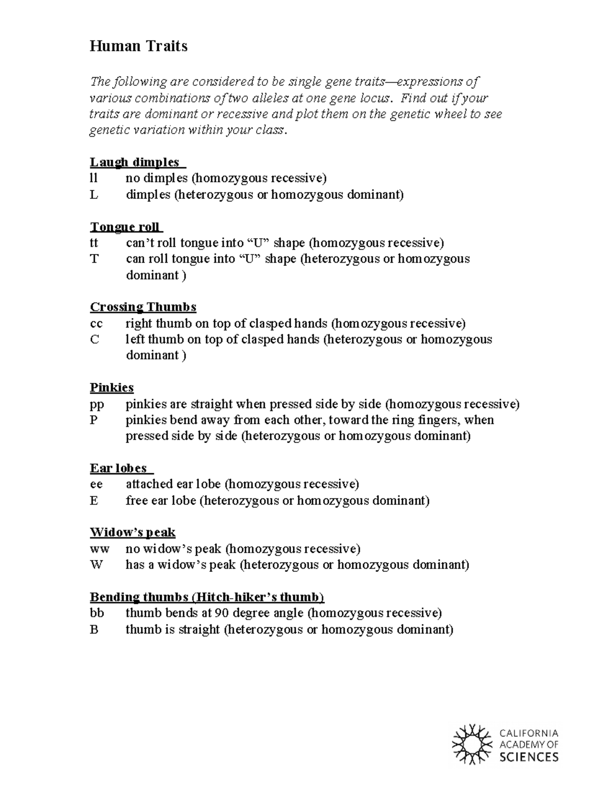 List of Human Traits and Their Genetic Variations - Studocu