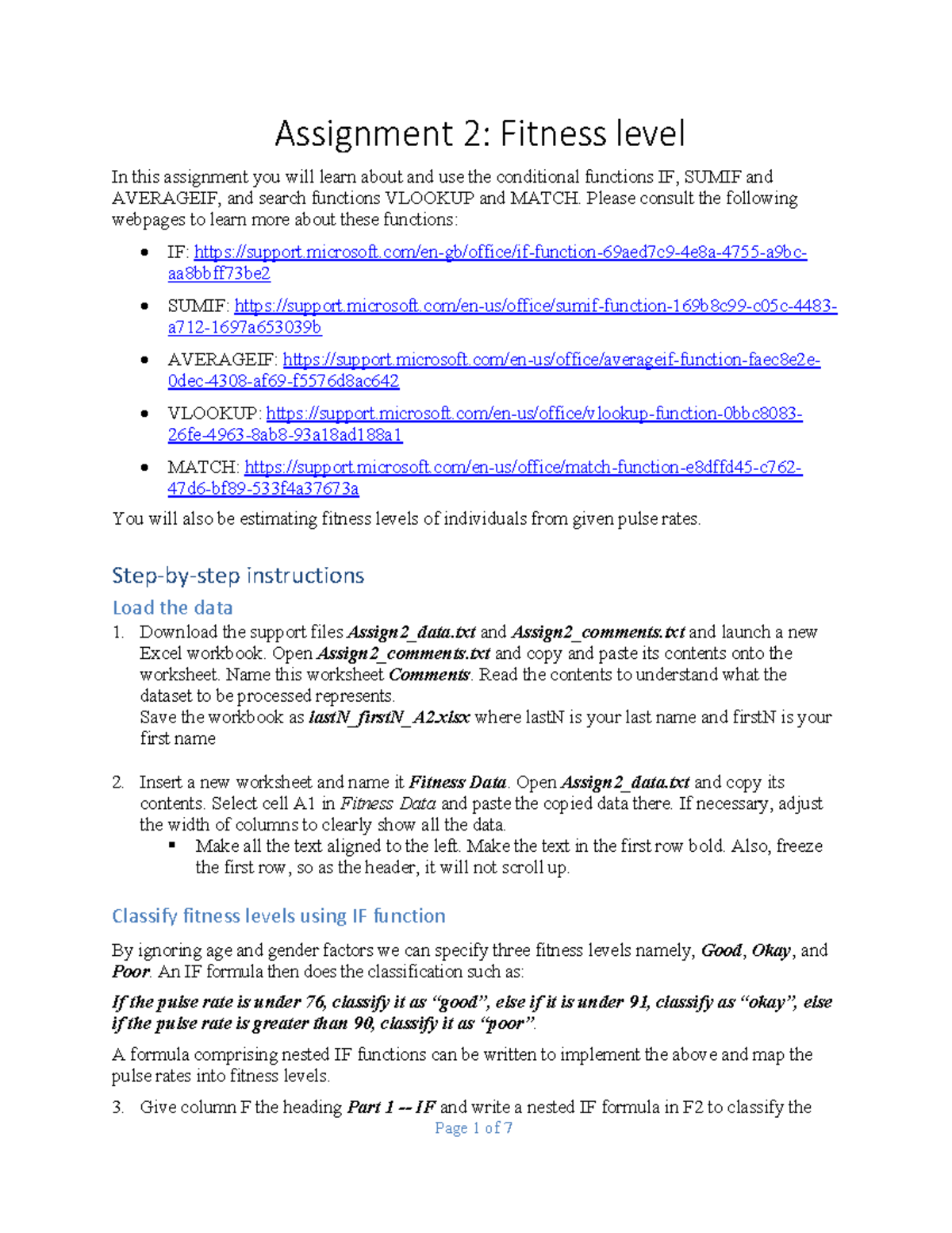 Assignment 2 (26S): Analyzing Fitness Levels with Excel Functions - Studocu