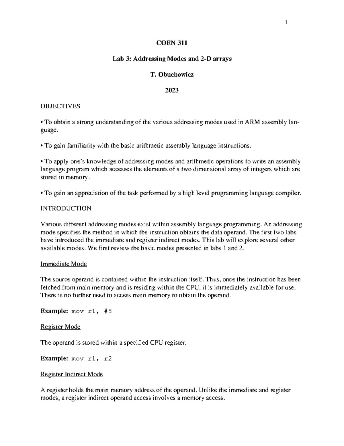 Lab 3: ARM Addressing Modes & 2-D Arrays - COEN 311 - Studocu