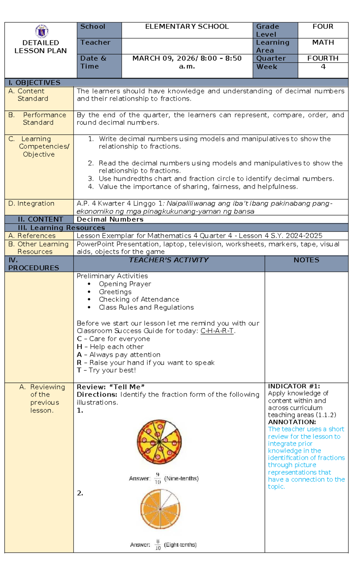 MATH 4 Detailed Lesson Plan: Writing Decimal Numbers Through ...