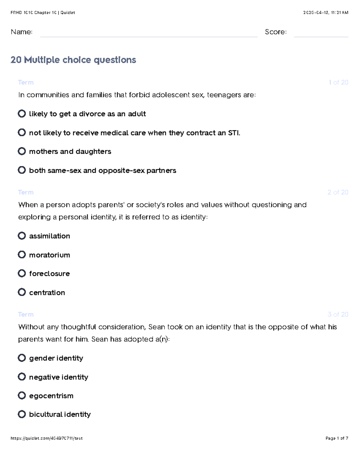 FRHD 1010 Chapter 10 Quizlet: Key Concepts and Terms Review - Studocu