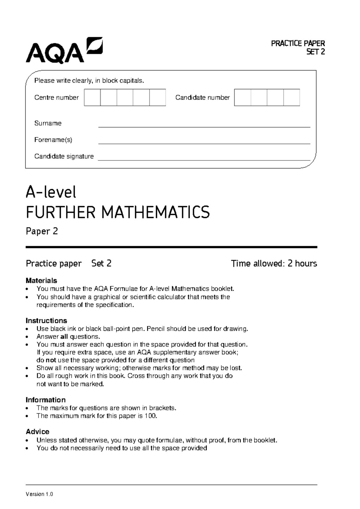 A2 FURTHER MATHEMATICS Paper 2 Practice Paper Set 2 - Studocu