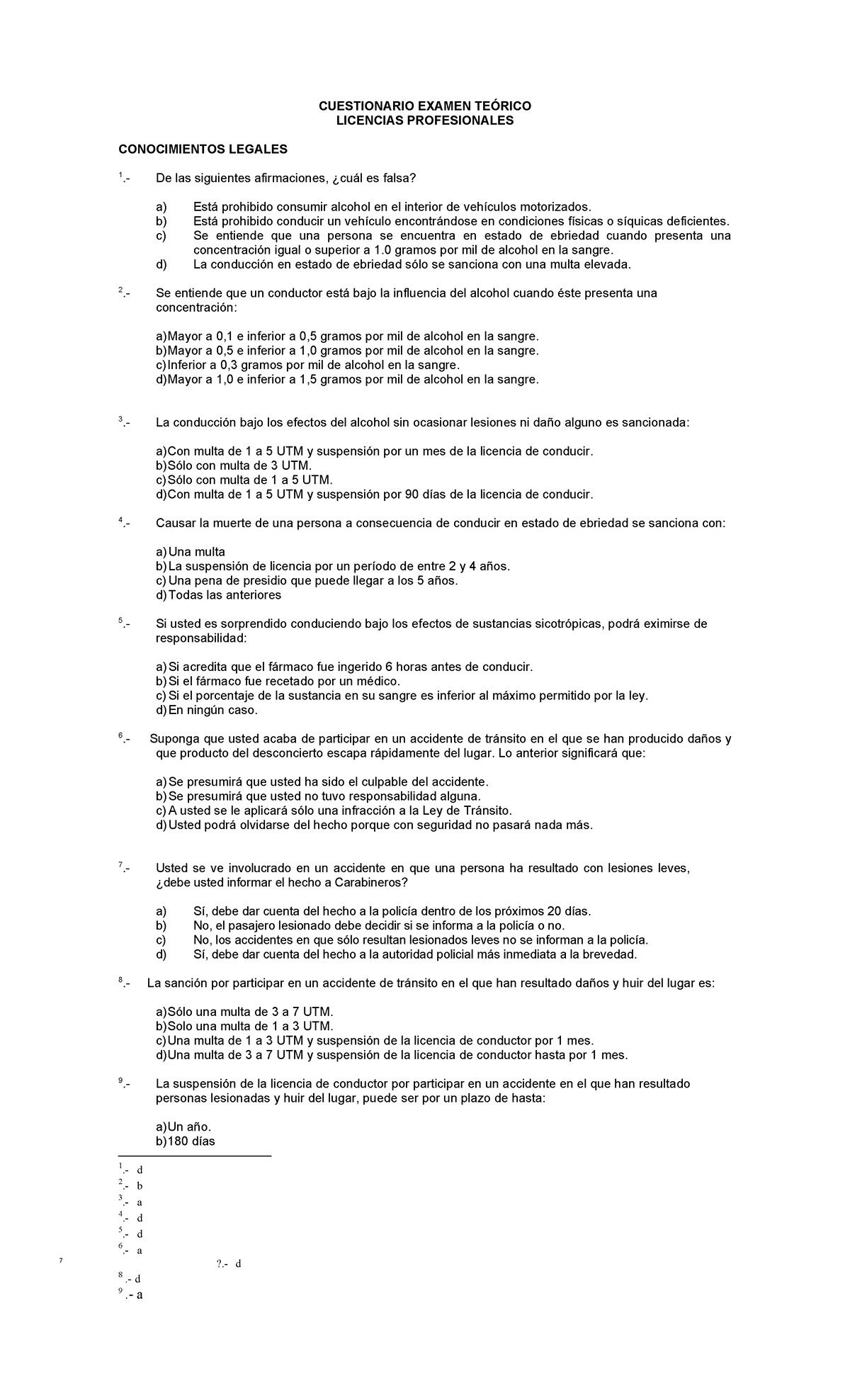 Cuestionario Examen Teórico de Licencias Profesionales (Clase A-3 ...