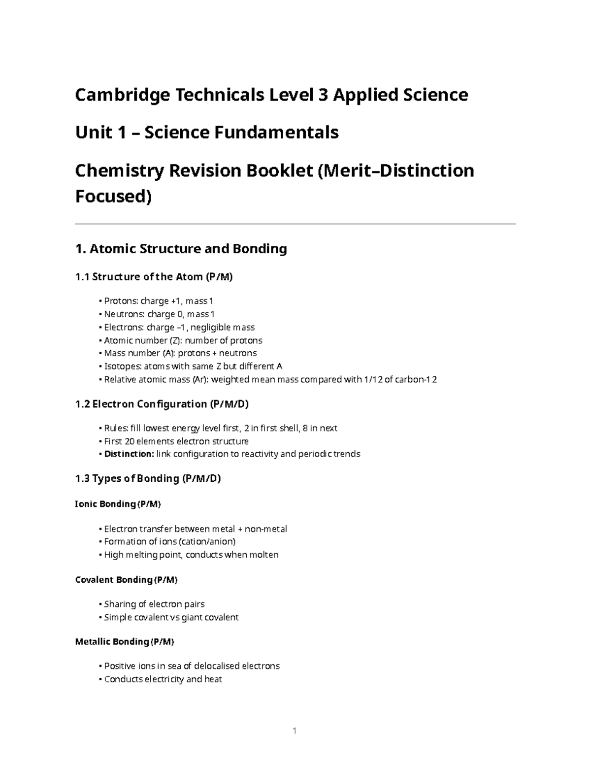 Cambridge Technicals Level 3 Applied Science Unit 1 Chemistry Revision ...
