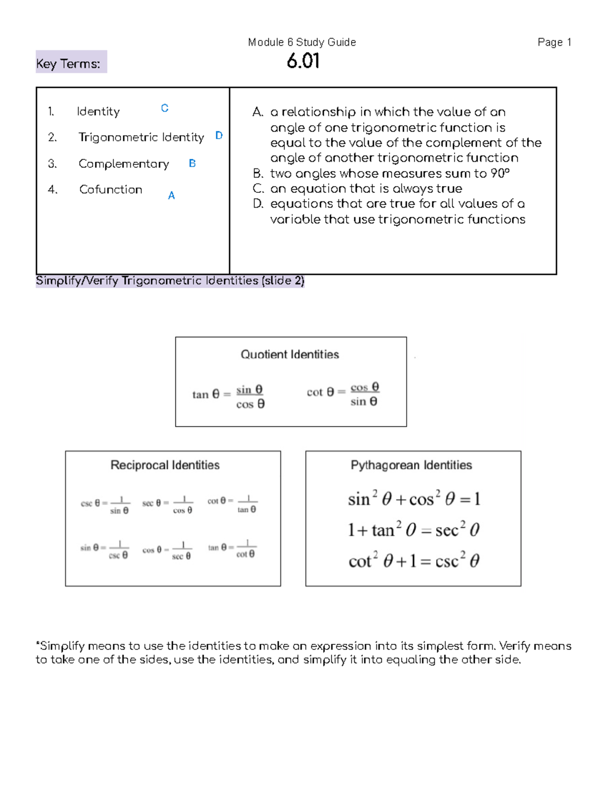 Module 6 Study Guide: Trigonometric Identities & Formulas Review - Studocu