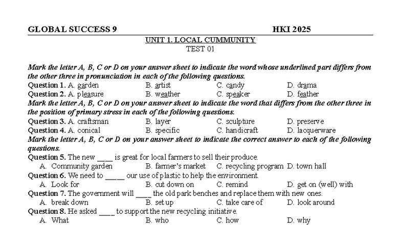 GLOBAL SUCCESS 9 UNIT 1. LOCAL COMMUNITY TEST 01 HKI 2025 - Studocu