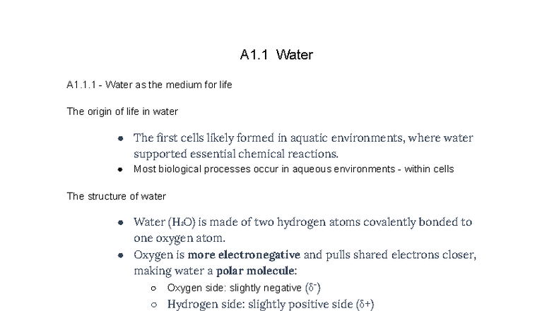IB Biology Grade 7: Water's Role in Life and Metabolism - Studocu