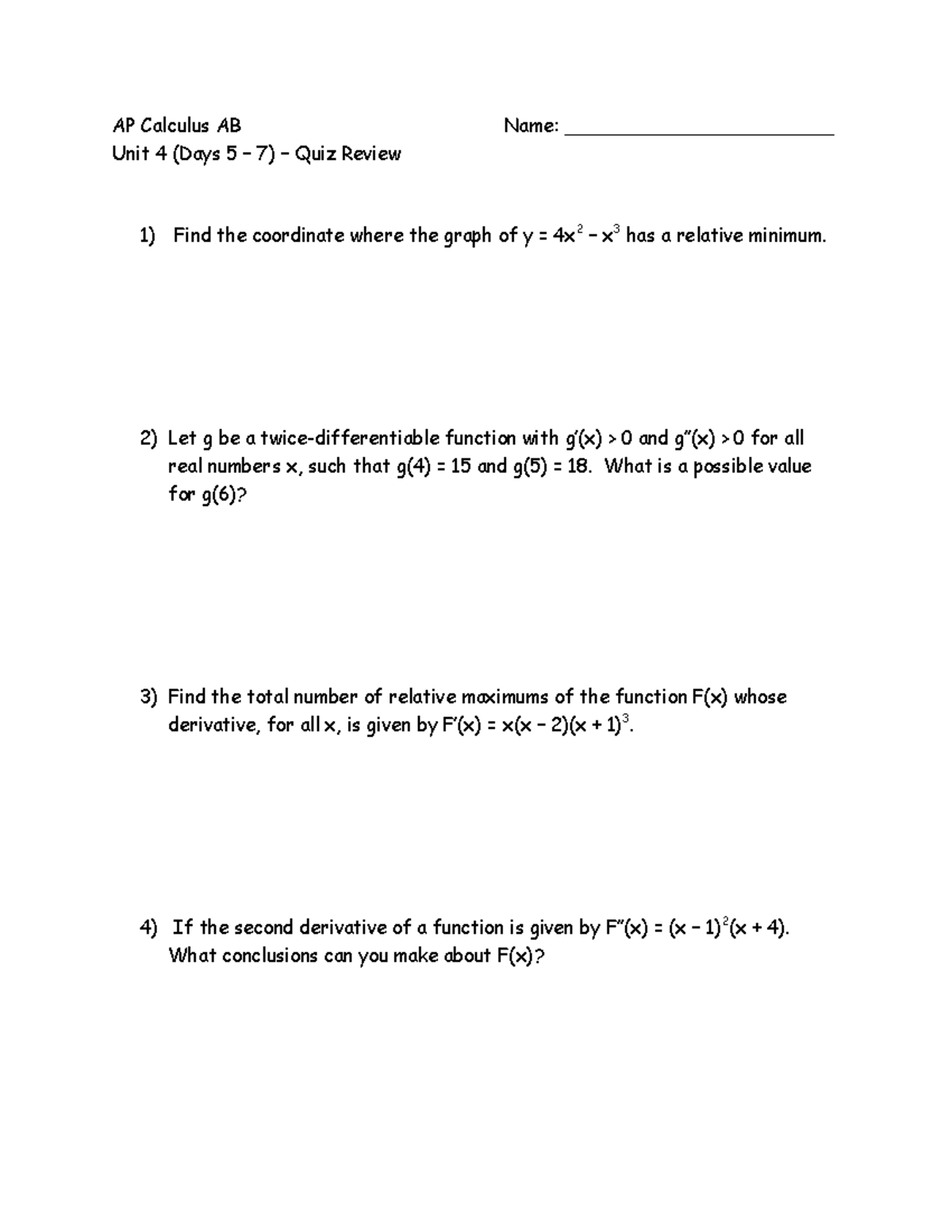 AP Calculus AB Unit 4 (Days 5-7) Quiz Review Guide - Studocu