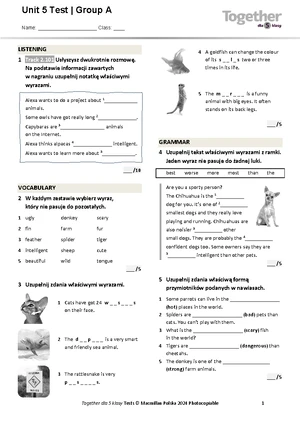 Unit 3 Test a Bugs Team 3 - test - © Macmillan Polska 2019 Klasa: Wynik ...