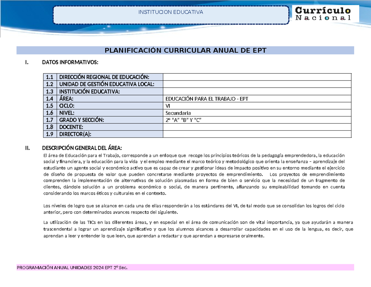 PLAN Anual EPT 2° SEC 2024 - PLANIFICACIÓN CURRICULAR ANUAL DE EPT I. DATOS INFORMATIVOS: 1 ...