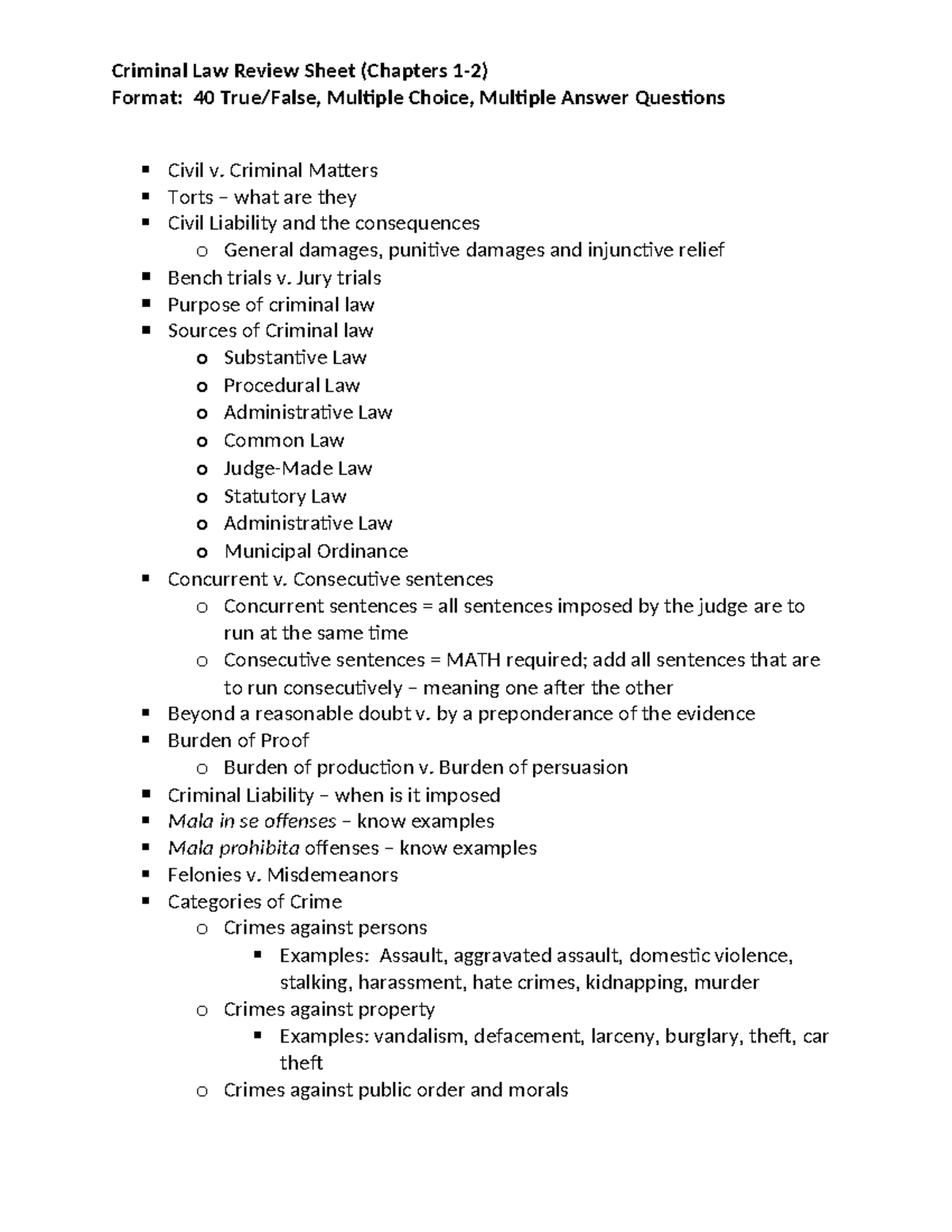 Criminal Law Review Sheet (Chapters 1-2) Study Guide - Studocu