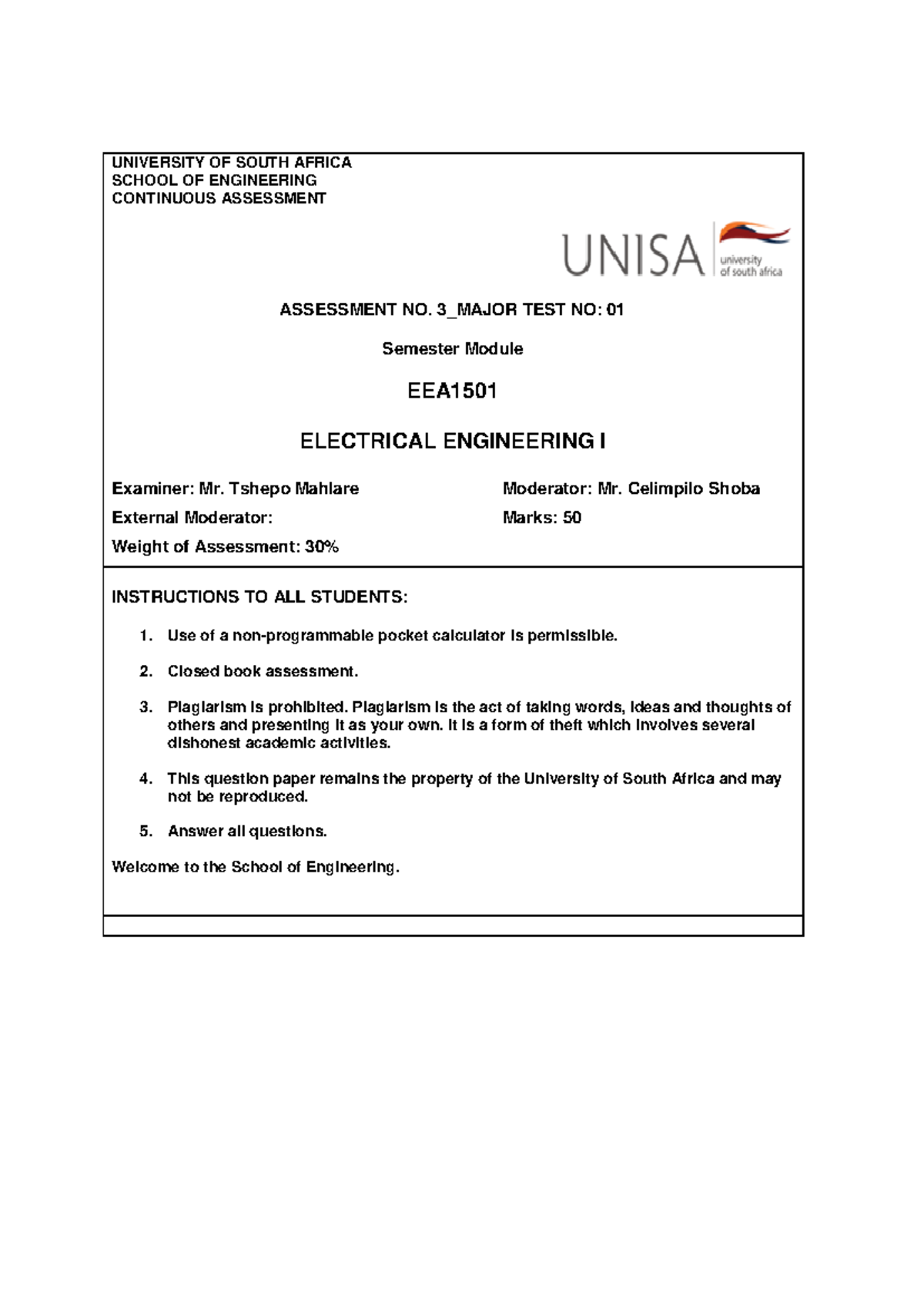 Assessment 3 Major Test 1 2022 EEA - Electrical Engineering I - Studocu