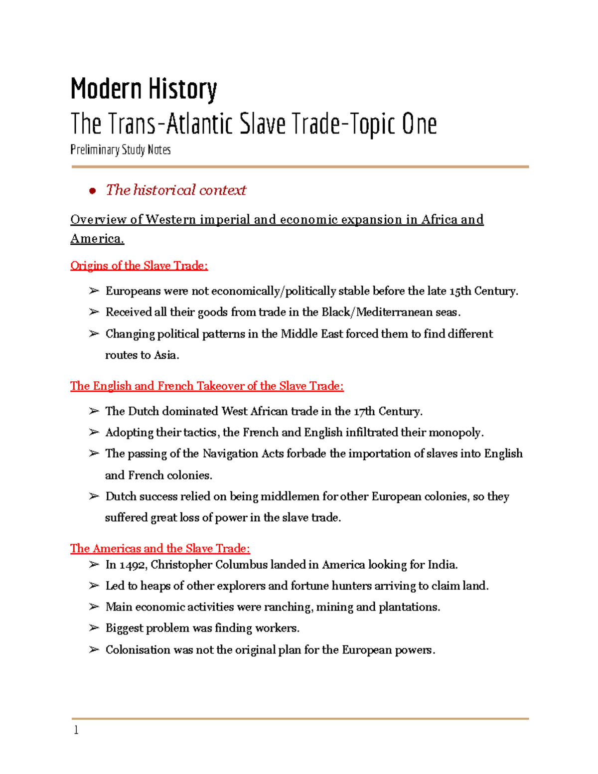 Modern History Preliminary Course Trans-Atlantic Slave Trade Notes ...