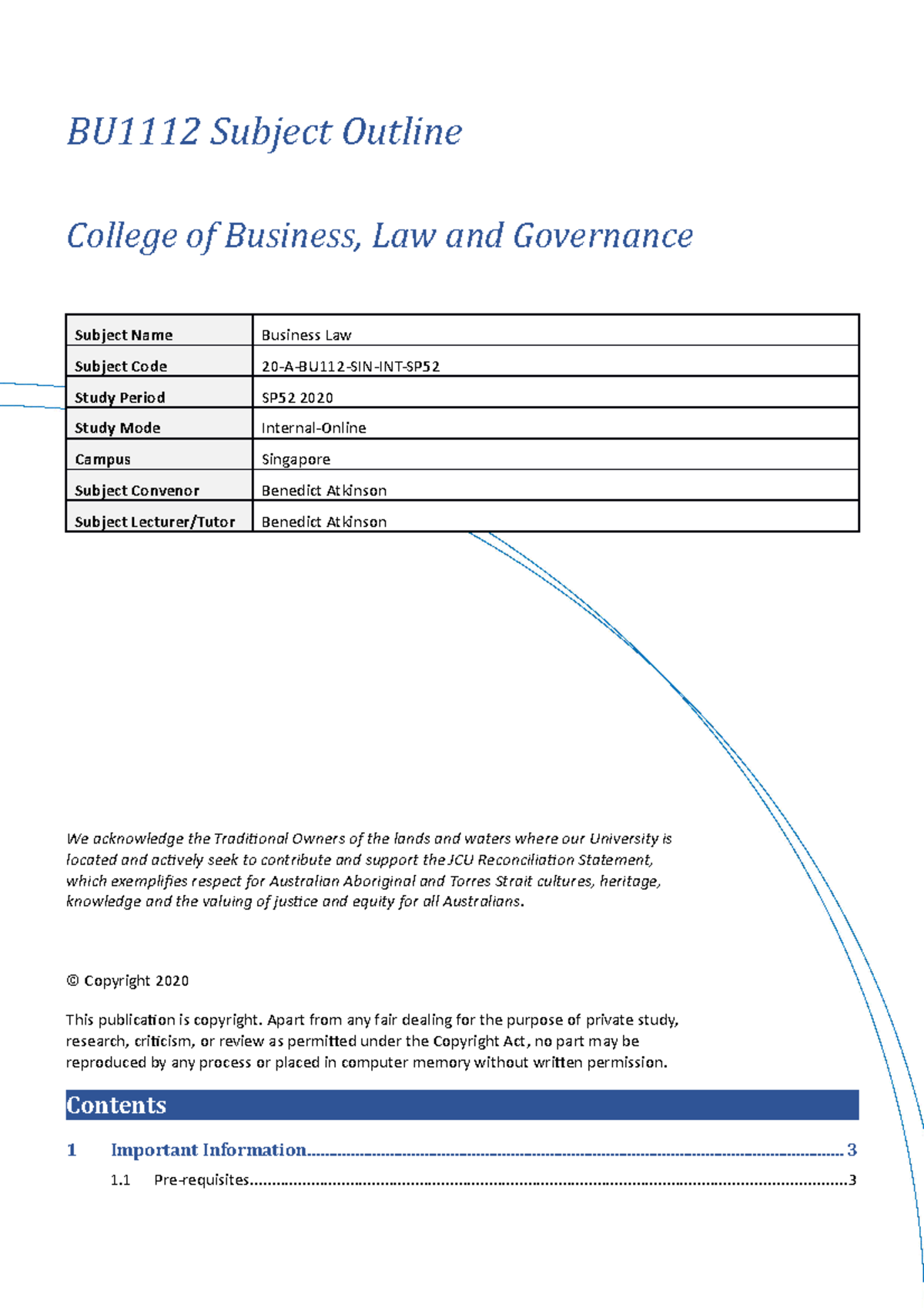 BU1112 Business Law Subject Outline for SP52 2020 (Singapore) - Studocu