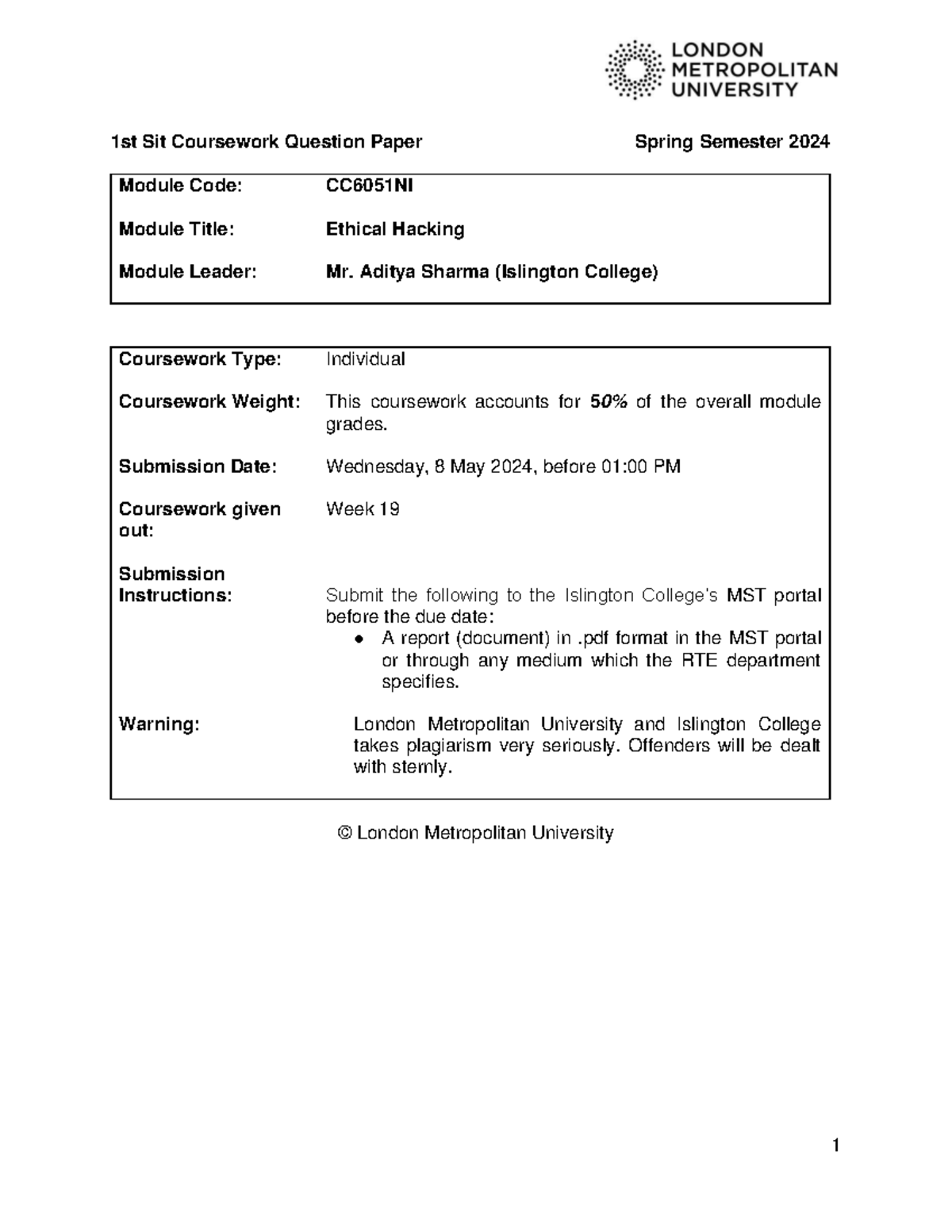 CC6051NIEthical Hacking Coursework QP - Spring 2024 Main Sit - Studocu